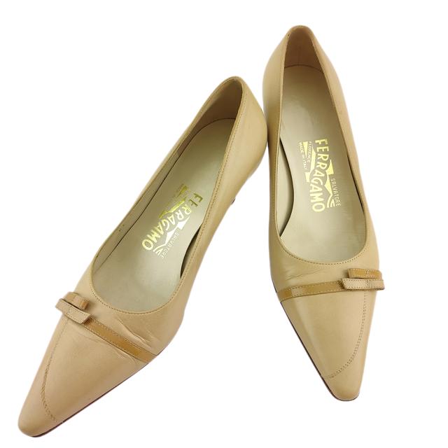 【BIGお買い物ラリー★30%OFFセール中】サルヴァトーレフェラガモ Salvatore Ferragamo パンプスポインテッドトゥ ♯4ハーフC ベージュ ブラウン レザー 中古