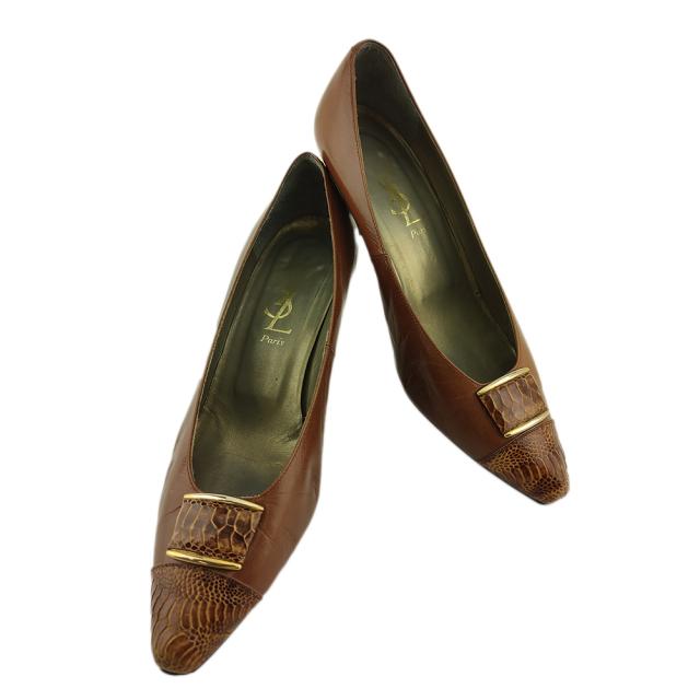 【BIGお買い物ラリー★30%OFFセール中】サンローラン SAINT LAURENT パンプスクロコ切替え ♯36ハーフ ポインテッドトゥ ブラウン ゴールド レザー 中古