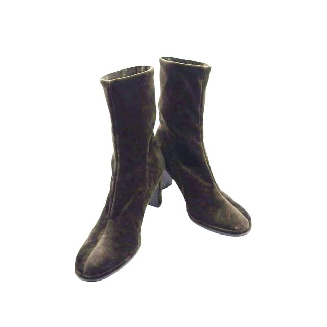 【BIGお買い物ラリー★30%OFFセール中】サンローラン SAINT LAURENT ブーツミドルブーツ ♯37 ラウンドトゥ ブラウン ベロア JP24 US37 レディース 中古