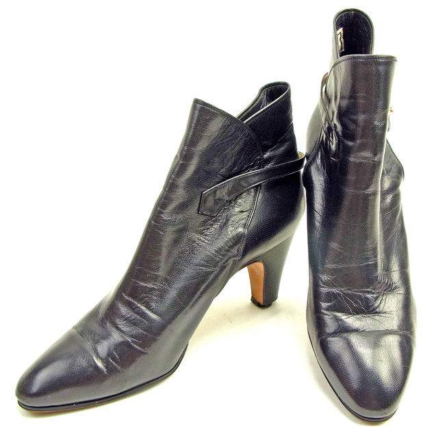 【BIGお買い物ラリー★30%OFFセール中】ニナリッチ NINA RICCI ブーツショートブーツ ♯36 Nマークベルトデザイン ブラック ゴールド レディース 中古