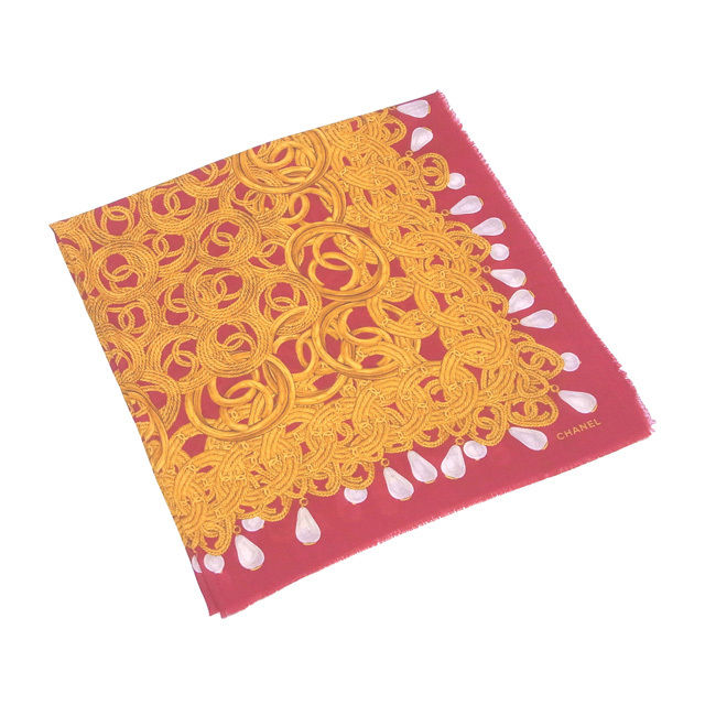 【X'masセール★30%OFF】シャネル CHANEL ストールココマーク フリンジ付き レッド×イエロー系 レディース 中古