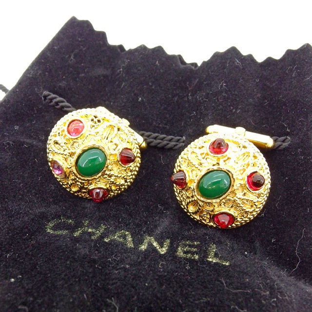 【X'masセール★30%OFF】シャネル CHANEL カフスストーン ヴィンテージクラシック ゴールド×グリーン系 レディース 中古