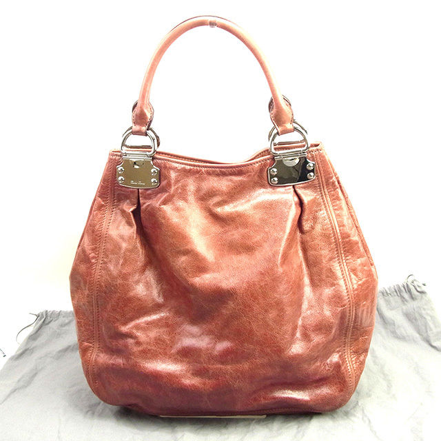 【BIGお買い物ラリー★30%OFFセール中】ミュウミュウ MIUMIU ハンドバッグロゴプレート ボルドー×シルバー系 レディース 中古