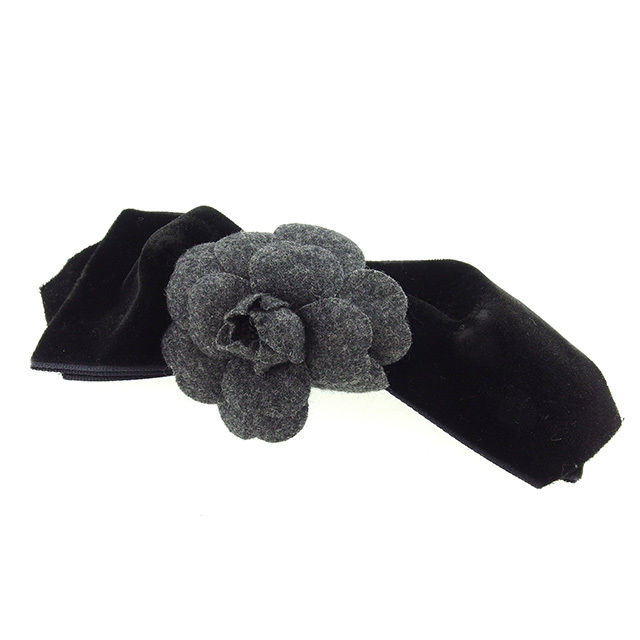 【BIGお買い物ラリー★30%OFFセール中】シャネル CHANEL バレッタカメリア×リボン ブラック×グレー レディース 中古