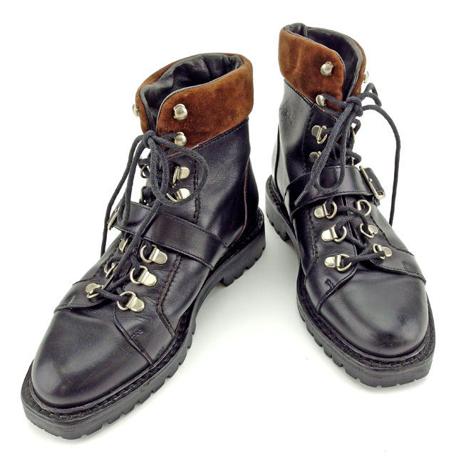 【BIGお買い物ラリー★30%OFFセール中】グッチ GUCCI ブーツトレッキング ♯34ハーフC ショート ブラック×ブラウン×シルバー レディース 中古