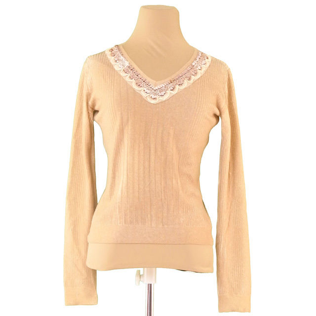 【BIGお買い物ラリー★30%OFFセール中】プラダ PRADA ニットビーズ付き ♯40サイズ 装飾付き ベージュ系 レディース 中古