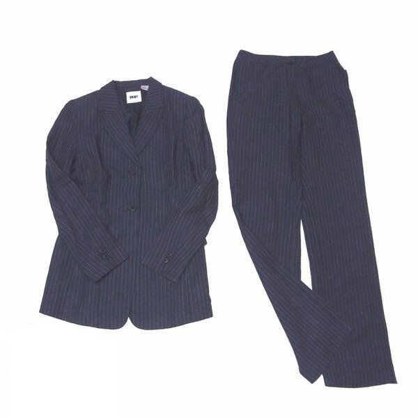 【BIGお買い物ラリー★30%OFFセール中】ダナキャランニューヨーク DKNY DONNA KARAN NEW YORK スーツストライプ ♯2サイズ テーラージャケット ネイビー×ホワイト レディース 中古