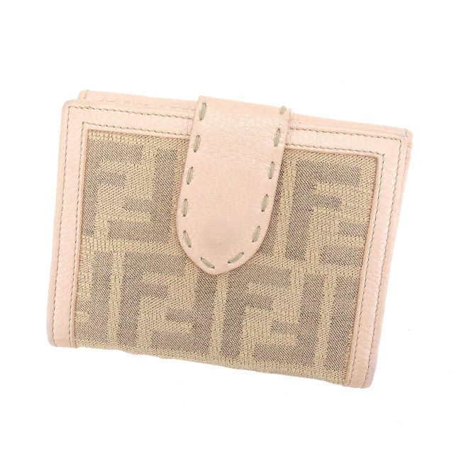 【BIGお買い物ラリー★30%OFFセール中】フェンディ FENDI 二つ折り財布ズッカ ベージュ×ピンク レディース 中古
