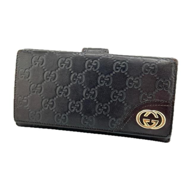 【X'masセール★30%OFF】グッチ GUCCI 長財布グッチシマ インターロッキングG ダークブラウン×ゴールド レディース 中古