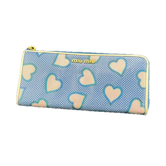【BIGお買い物ラリー★30%OFFセール中】ミュウミュウ MIUMIU 長財布ドット×ハート ブルー×ホワイト系 レディース 中古