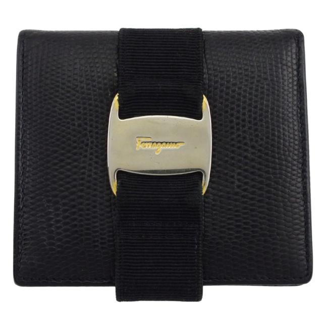 【BIGお買い物ラリー★30%OFFセール中】サルヴァトーレフェラガモ Salvatore Ferragamo 二つ折り財布ヴァラ リザード調 ブラック レディース 中古