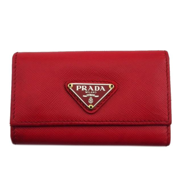 【BIGお買い物ラリー★30%OFFセール中】プラダ PRADA キーケース トライアングルロゴ レッド サフィアーノレザー×ゴールド金具 レディース 中古