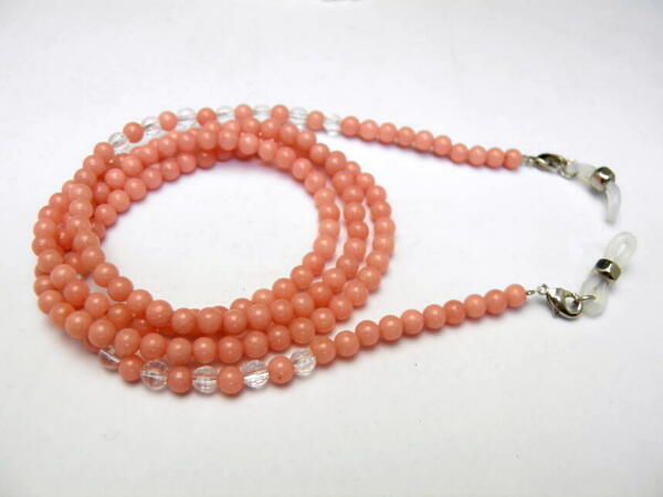 ピンク珊瑚＆水晶/ピンクコーラル4mm玉 眼鏡チェーン グラスコード メガネチェーン・パワーストーンのメガネチェーン