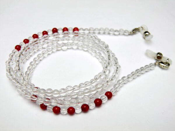 天然石 メガネチェーン 赤珊瑚/コーラル＆水晶（3A） 4mm玉メガネチェーン パワーストーン 天然石 赤珊瑚/コーラル＆水晶（3A）レディースメガネチェーン パワーストーン パワーストーン パワーストーン