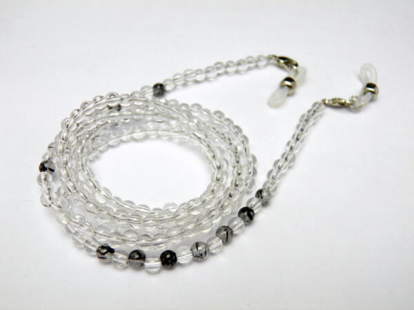 水晶（3A）＆ブラックルチルクォーツ（3A） 4mm玉 デザインメガネチェーン 眼鏡チェーン グラスコード パワーストーン