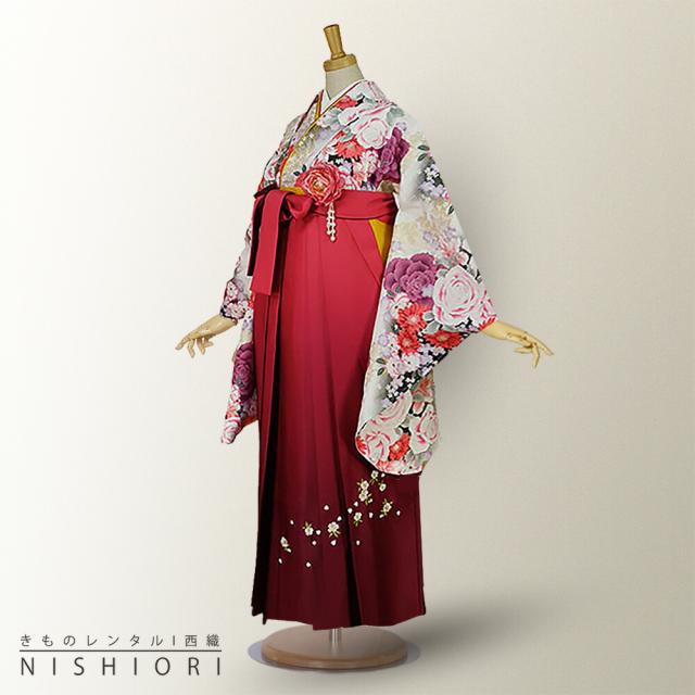 二尺袖着物 袴 レンタル 貸衣装 刺繍 H L ホワイト×赤系 袴 小学生 対応 ブーツ選択可