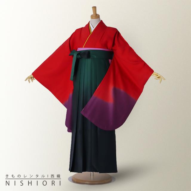 二尺袖着物 袴 レンタル 貸衣装 赤×緑×袴 Lサイズ 小学生 対応 ブーツ選択可