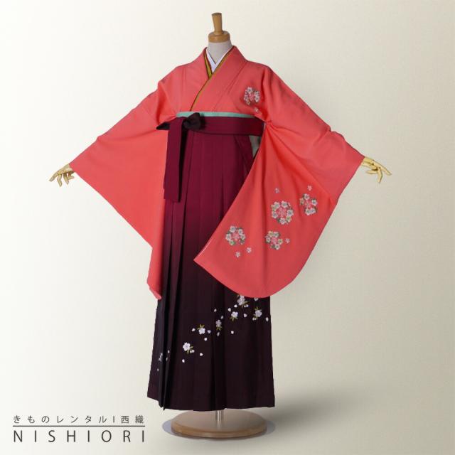 二尺袖着物 袴 レンタル 貸衣装 HL ピンク×赤×ボカシ×刺繍 袴 小学生 対応 ブーツ選択可