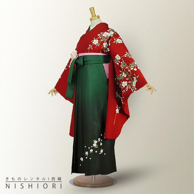 二尺袖着物 袴 レンタル 貸衣装 赤×緑×ボカシ×刺繍 袴 Mサイズ 小学生 対応 ブーツ選択可