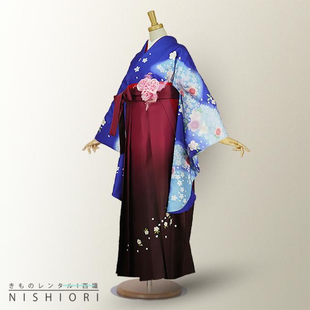 二尺袖着物 袴 レンタル 貸衣装 青×ワイン×ボカシ×刺繍 袴 Lサイズ 小学生 対応 ブーツ選択可