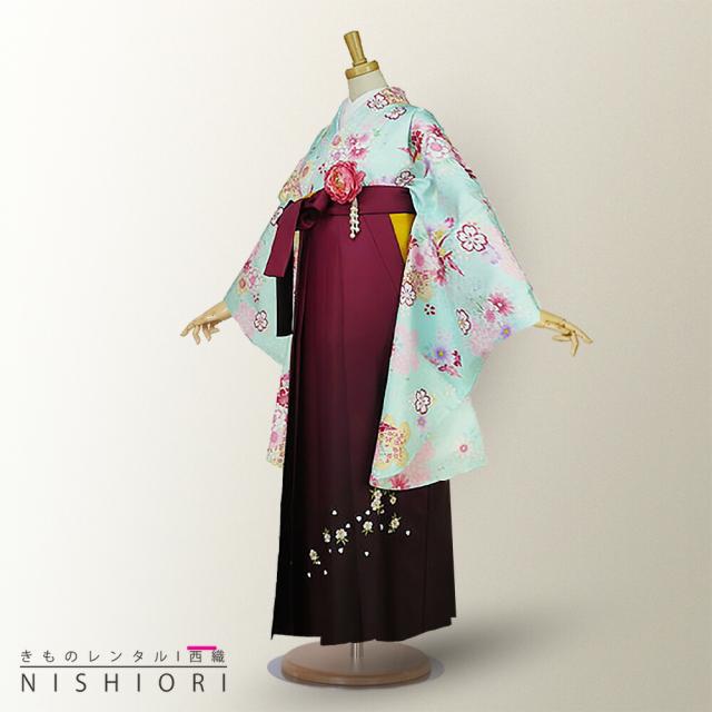 二尺袖着物 袴 レンタル 貸衣装 緑×ワイン×刺繍×袴 Lサイズ 小学生 対応 ブーツ選択可