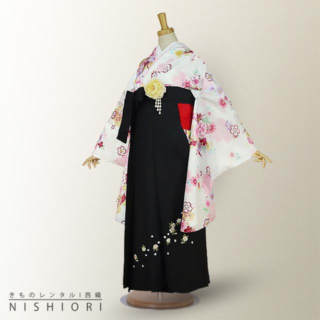 二尺袖着物 袴 レンタル 貸衣装 白×黒×刺繍 袴 Lサイズ 小学生 対応 ブーツ選択可