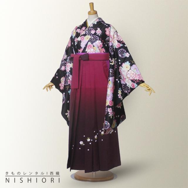 二尺袖着物 袴 レンタル 貸衣装 黒×ピンク×刺繍 袴 Mサイズ 小学生 対応 ブーツ選択可