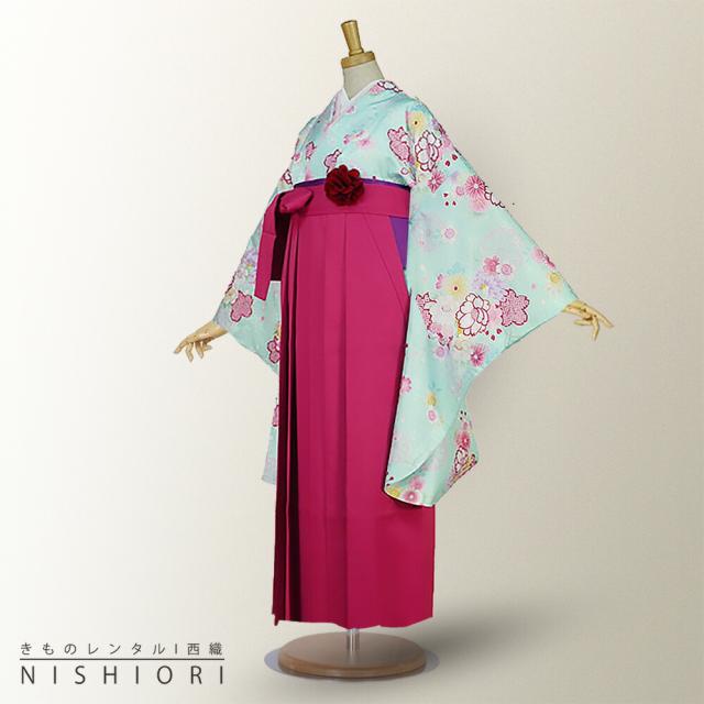 二尺袖着物 袴 レンタル 貸衣装 青×ピンク×刺繍 袴 Lサイズ 小学生 対応 ブーツ選択可