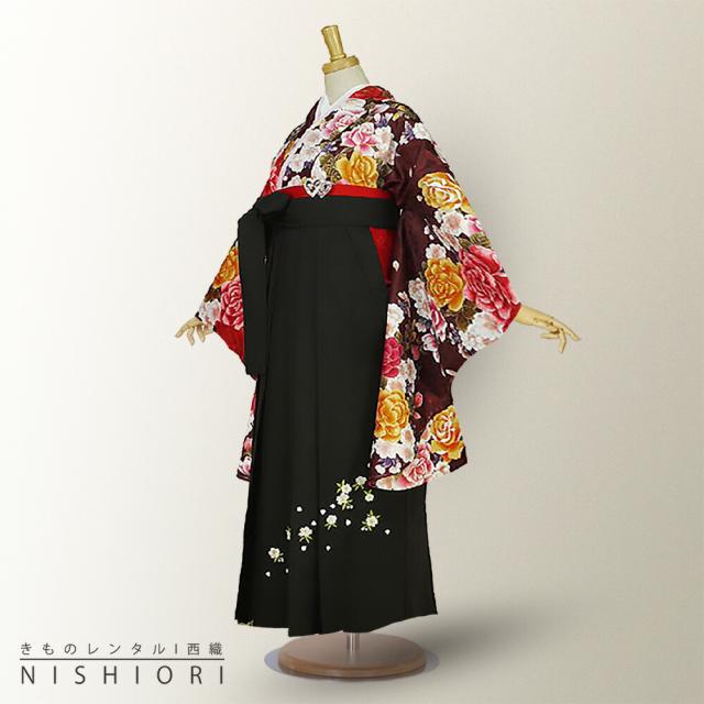 二尺袖着物 袴 レンタル 貸衣装 ブラウン×黒×刺繍 袴 Mサイズ 小学生 対応 ブーツ選択可