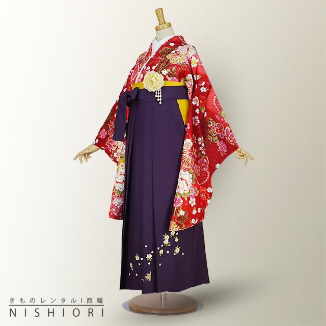 二尺袖着物 袴 レンタル 貸衣装 赤×紫×刺繍 袴 Mサイズ 小学生 対応