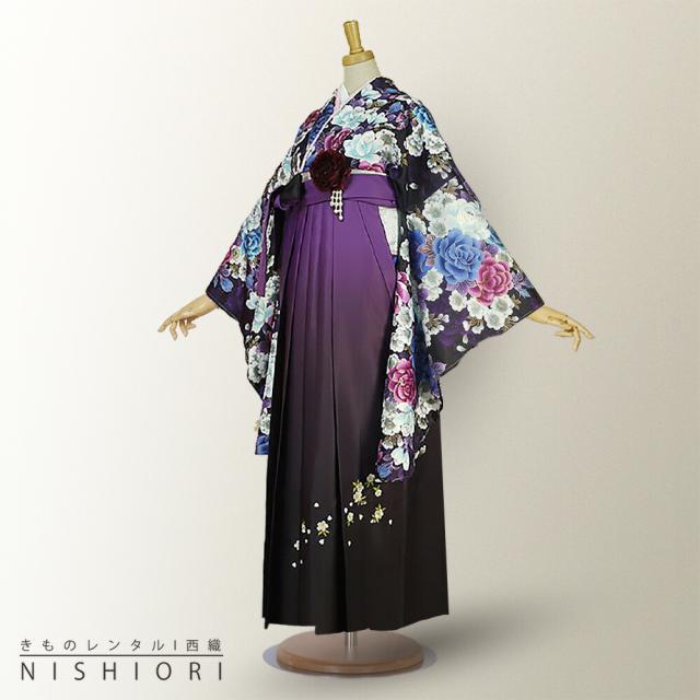 二尺袖着物 袴 レンタル 貸衣装 青×紫×刺繍×袴 Mサイズ 小学生 対応 ブーツ選択可