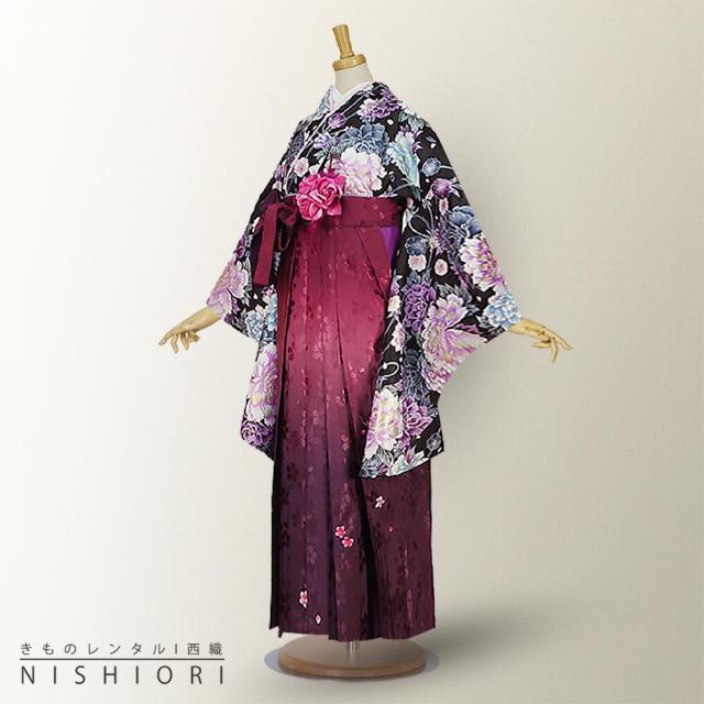 二尺袖着物 袴 レンタル 貸衣装 HL 黒×ワイン×刺繍 袴 Mサイズ 小学生 対応 ブーツ選択可