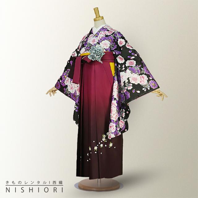 二尺袖着物 袴 レンタル 貸衣装 黒×ワイン×刺繍×袴 Mサイズ 小学生 対応 ブーツ選択可