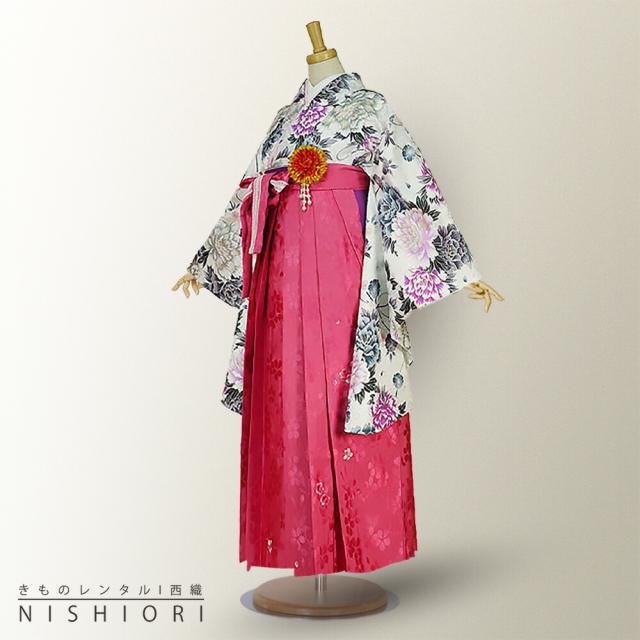 二尺袖着物 袴 レンタル 貸衣装 HL 白×ピンク×刺繍 袴 Mサイズ 小学生 対応 ブーツ選択可