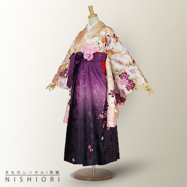 二尺袖着物 袴 レンタル 貸衣装 From Kyoto HL 黄色×紫×刺繍×袴 小学生 対応 ブーツ選択可