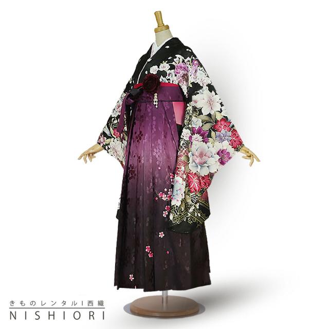 二尺袖着物 袴 レンタル 貸衣装 From Kyoto HL 黒×紫×刺繍×袴 Mサイズ 小学生 対応 ブーツ選択可