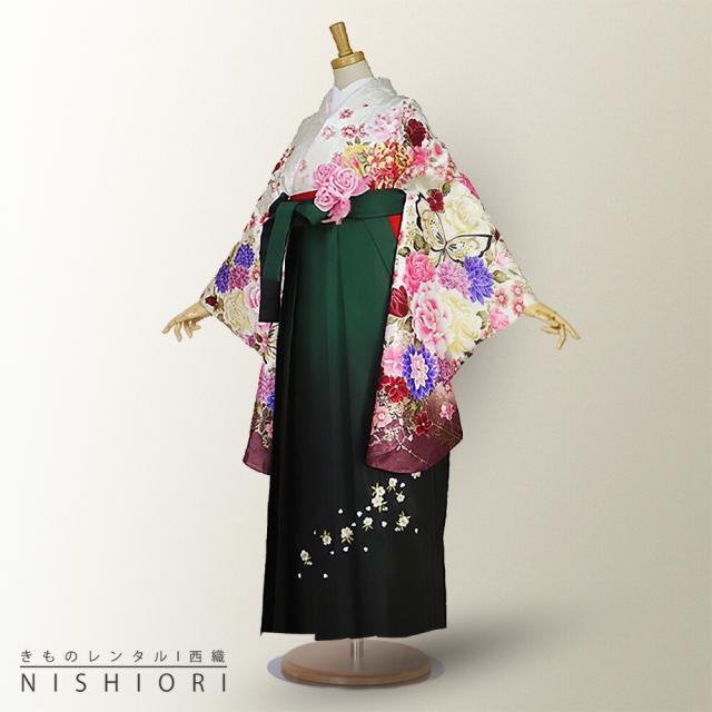 二尺袖着物 袴 レンタル 貸衣装 From Kyoto 白×緑×刺繍×袴 Mサイズ 小学生 対応 ブーツ選択可