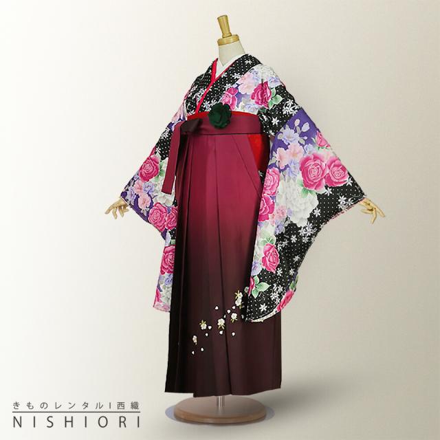 二尺袖着物 袴 レンタル 貸衣装 HL 黒×ワイン×刺繍×袴 Mサイズ 小学生 対応 ブーツ選択可