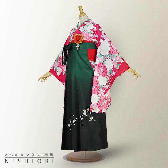 二尺袖着物 袴 レンタル 貸衣装 HL ピンク×緑×刺繍×袴 Mサイズ 小学生 対応 ブーツ選択可