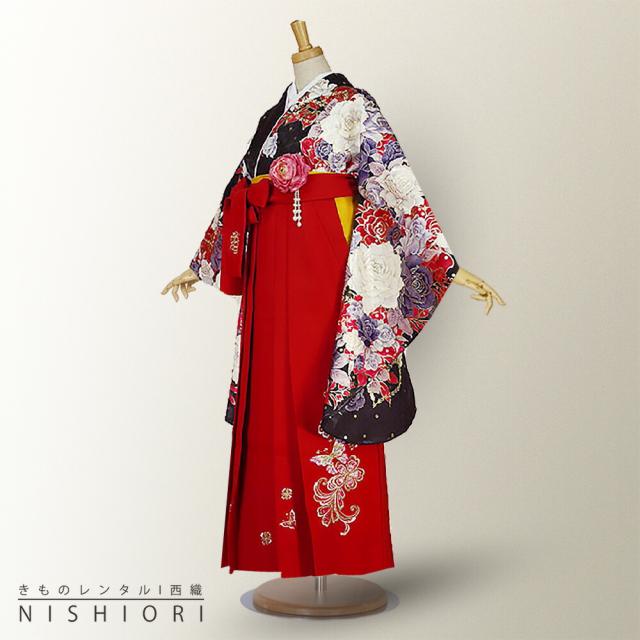 二尺袖着物 袴 レンタル 貸衣装 anan Adam&EVE 黒×赤×刺繍 袴 小学生 対応 ブーツ選択可