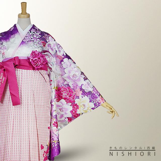 二尺袖着物 袴 レンタル 貸衣装 PattiPatti 紫×白×ピンク×刺繍 袴