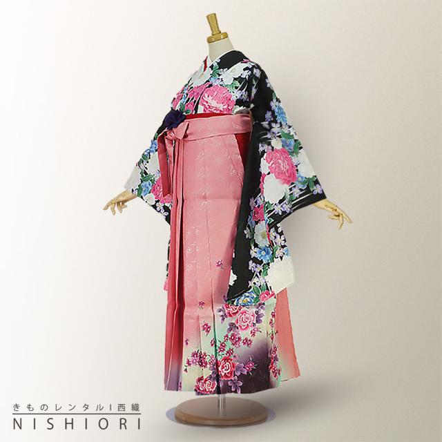 二尺袖着物 袴 レンタル 貸衣装 From Kyoto HL 黒×ピンク×刺繍×袴 Mサイズ 小学生 対応 ブーツ選択可