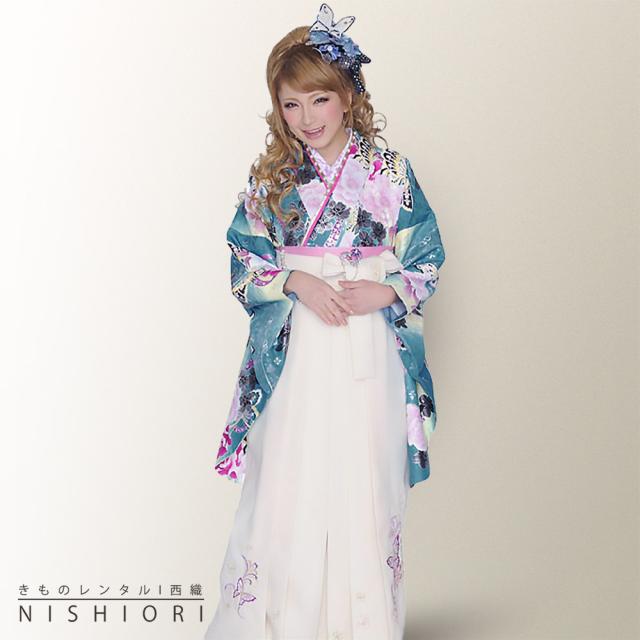 二尺袖着物 袴 レンタル 高橋真依子着用モデル 貸衣装 Adam&Eve 緑 ホワイト 刺繍 小学生 対応 ブーツ選択可