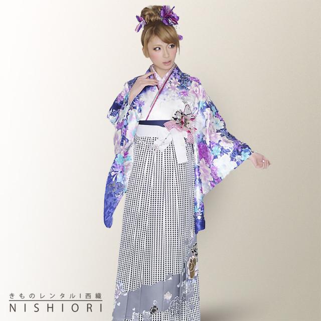 二尺袖着物 袴 レンタル 高橋真依子着用モデル 貸衣装 patti patti ブルー 白 黒 友禅 Mサイズ 小学生 対応 ブーツ選択可