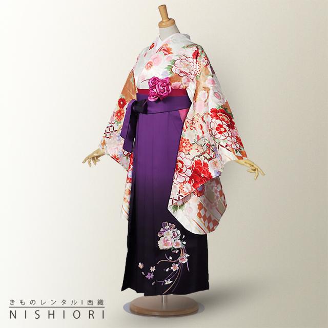 二尺袖 着物 袴 レンタル 貸衣装 From Kyoto ブランド Mサイズ 白 紫 刺繍 小学生 対応 ブーツ選択可  卒業式 式典 女の子 女性用 袴 フルセット