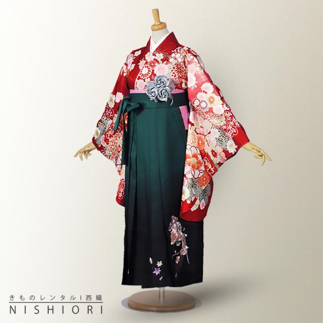 二尺袖 着物 袴 レンタル 貸衣装 From Kyoto ブランド Mサイズ 【卒業式 式典 女の子 女性用 袴 大学生 フルセット】緑 グリーン 赤 刺繍 小学生対応 ブーツ選択可