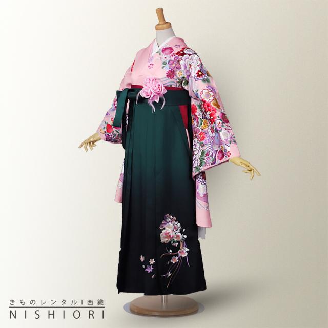 二尺袖 着物 袴 レンタル 貸衣装 From Kyoto ブランド Mサイズ ピンク 緑 グリーン 刺繍 小学生 対応 ブーツ選択可 卒業式 式典 女の子 女性用 袴 フルセット
