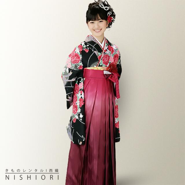 二尺袖 着物 袴 レンタル 貸衣装 HL 袴 Mサイズ 黒 ワイン 小学生 対応 ブーツ選択可