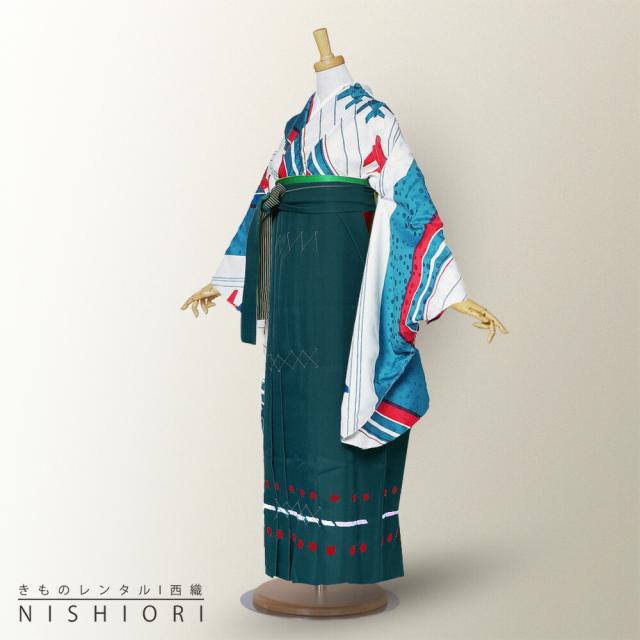 二尺袖 着物 袴 レンタル 貸衣装 modern antenna 青 白 紺 バラ ストライプ 刺繍 袴 M サイズ 小学生 対応 ブーツ選択可