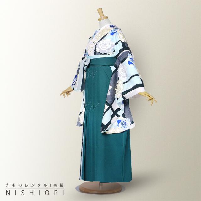 二尺袖 着物 袴 レンタル 貸衣装 modern antenna 青 白 紺 緑 バラ ストライプ 刺繍 袴 L サイズ 小学生 対応 ブーツ選択可